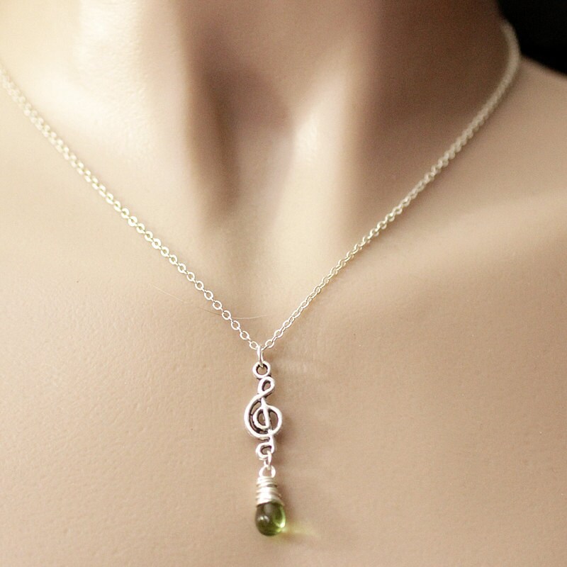 Treble Clef Necklace. Music Necklace. Green Teardrop Necklace. Musical ...