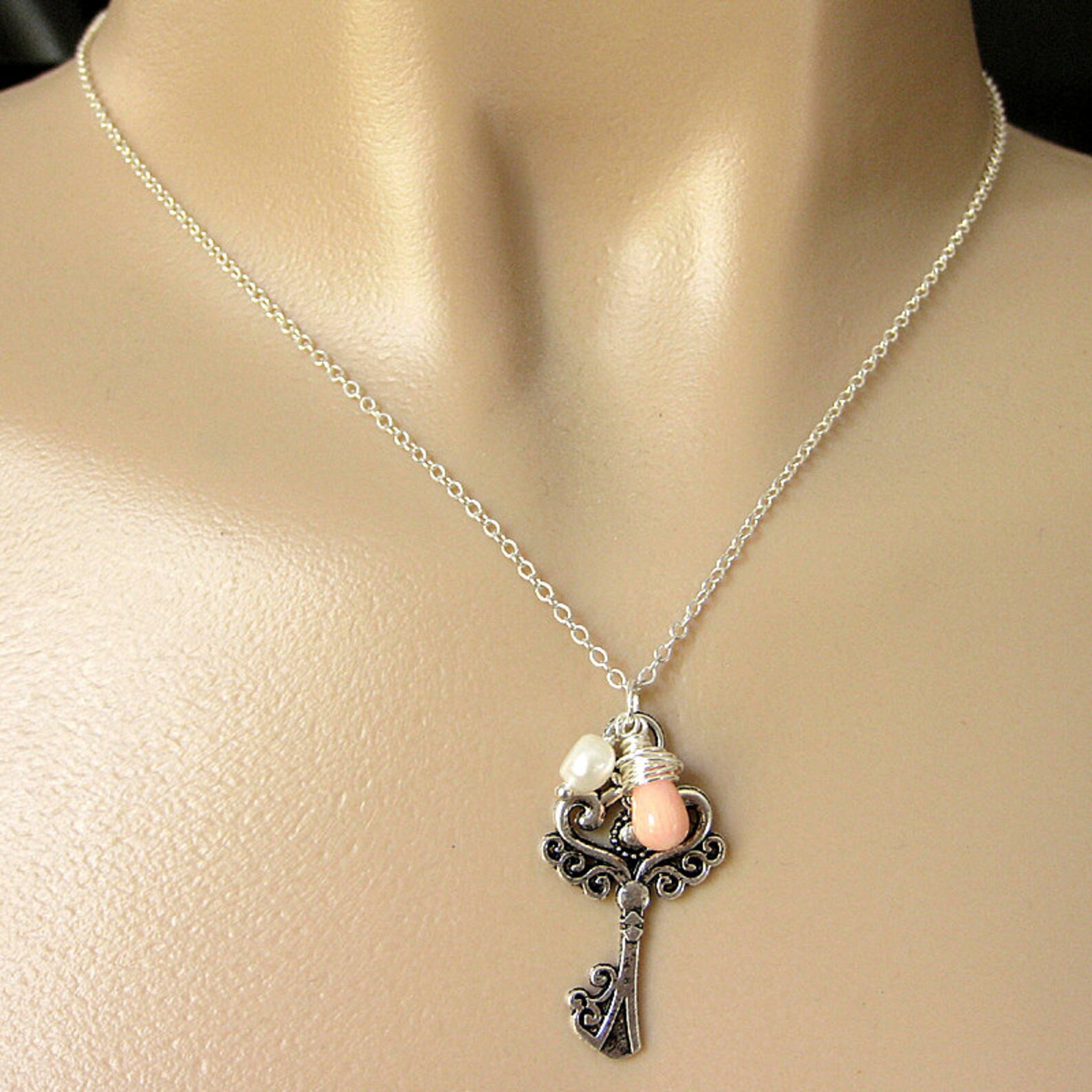 Filigree Key Necklace. Charm Necklace in Silver With Pink Coral ...