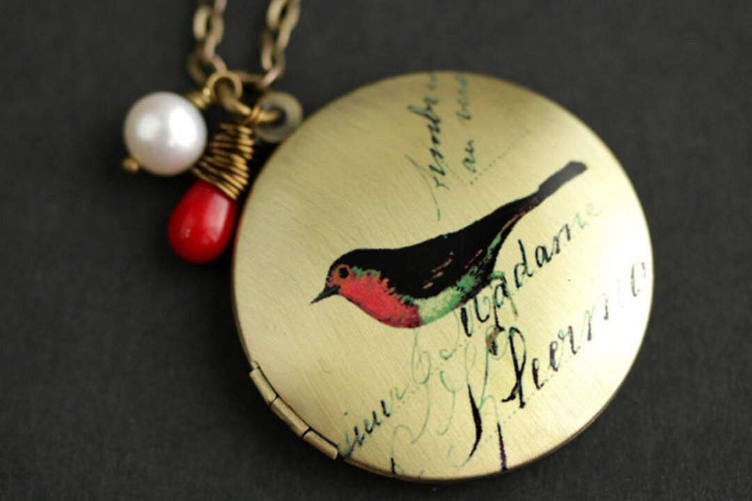 Red Robin Locket Necklace. Photo Locket. Bird Necklace With Red Coral ...
