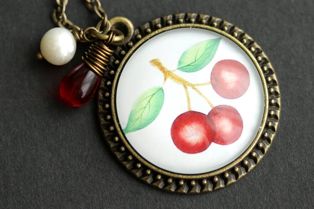 Red Cherry Necklace. Cherry Pendant With Red Teardrop and White Pearl ...