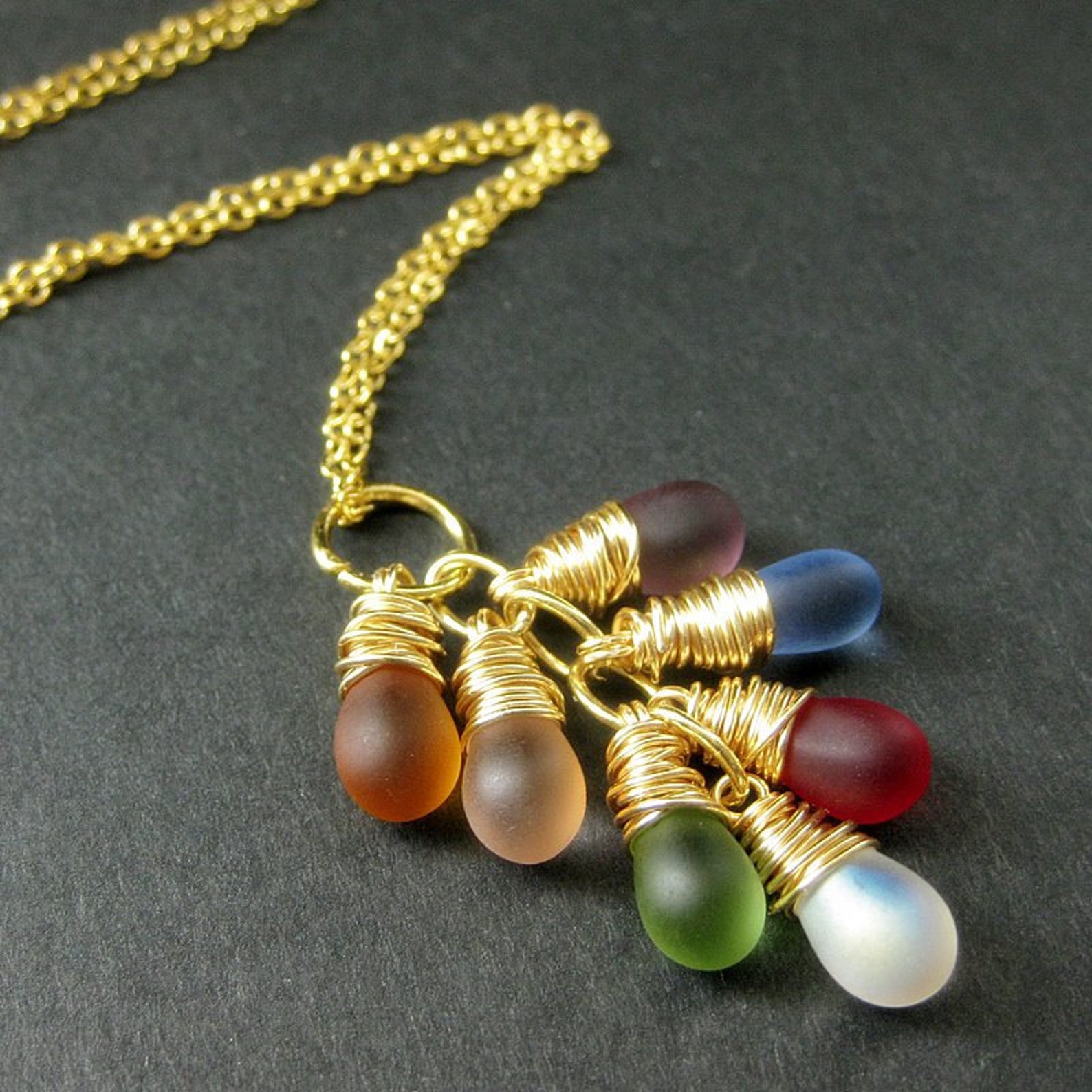 14K GOLD Fill Necklace. Wire Wrapped Cluster Pendant With Frosted Glass ...