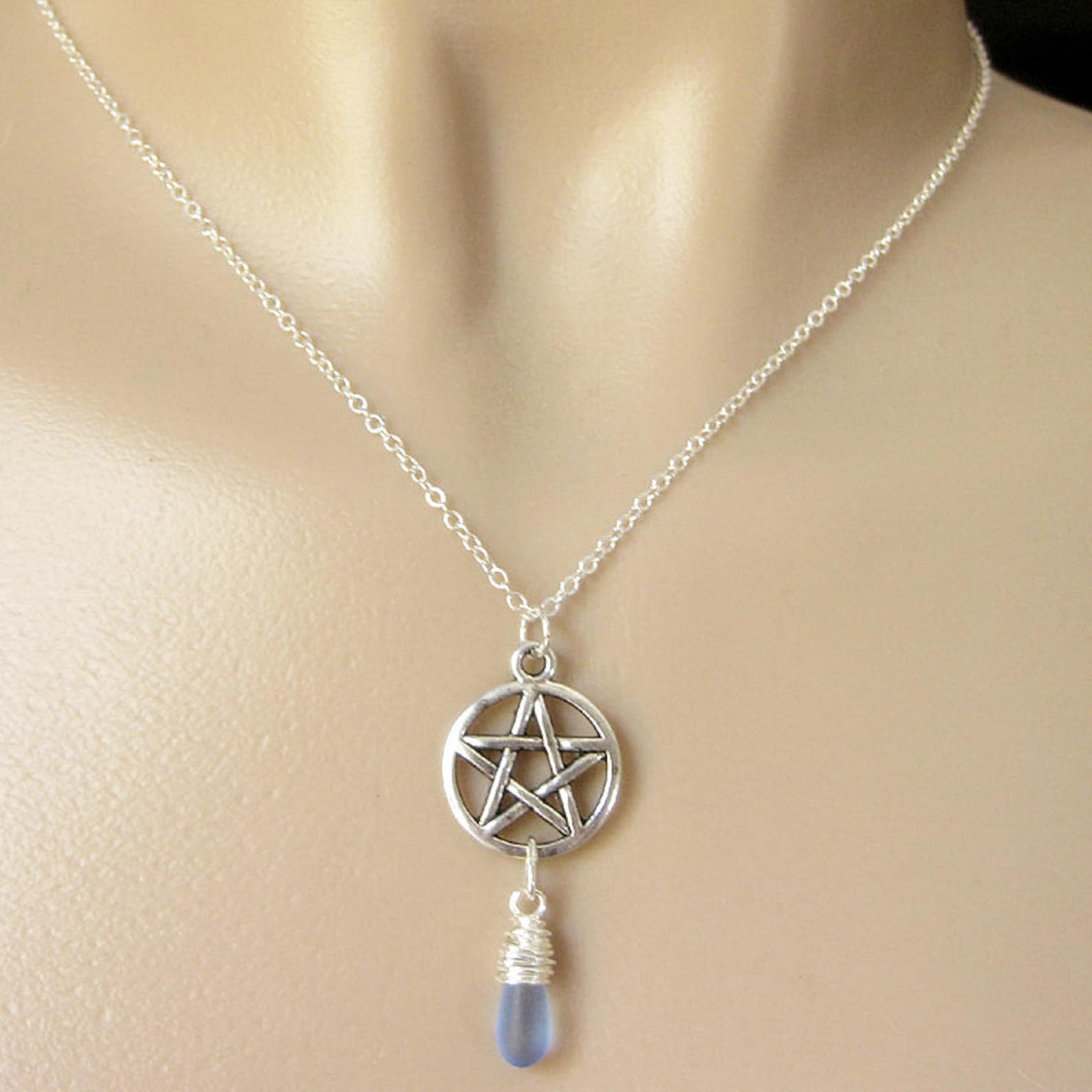 Wiccan Jewelry. Frosted Blue Teardrop Pendant Necklace. Silver - Etsy