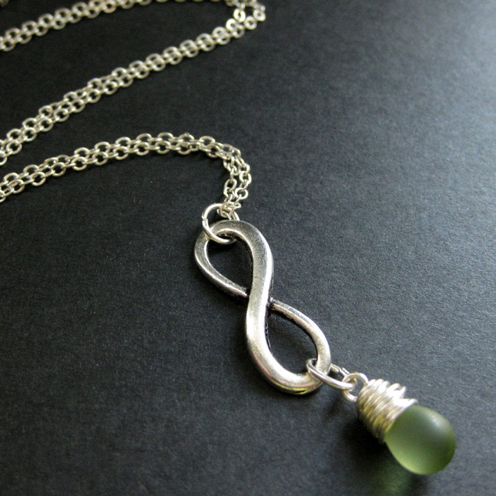 Silver Infinity Symbol Necklace. Wire Wrapped. Clouded Green Teardrop ...