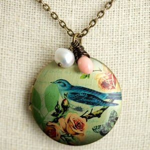 Blue Bird Locket Necklace. Bluebird Necklace. Bird Necklace With Pink ...