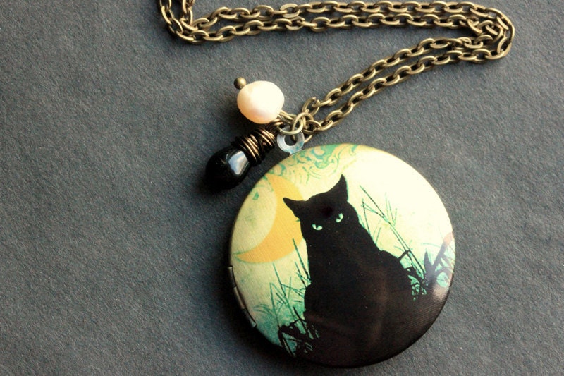 Cat Locket Necklace. Black Cat Necklace With Black Teardrop - Etsy