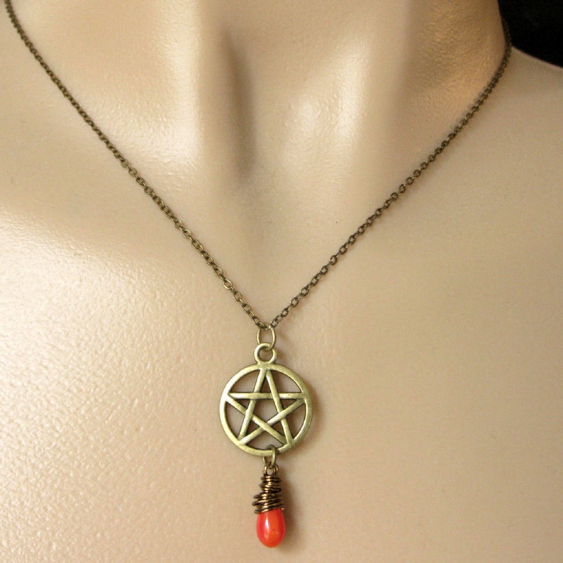 Orange Coral Necklace. Pagan Necklace. Teardrop Necklace. Bronze ...