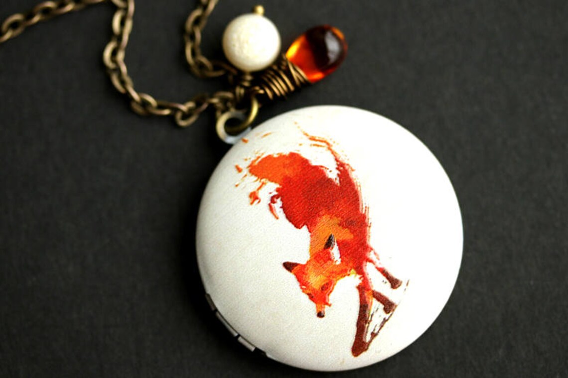 Fox Locket Necklace. Red Fox Necklace With Glass Teardrop and - Etsy