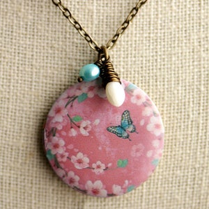 Butterfly Locket Necklace. Pink Cherry Blossoms Necklace With White ...