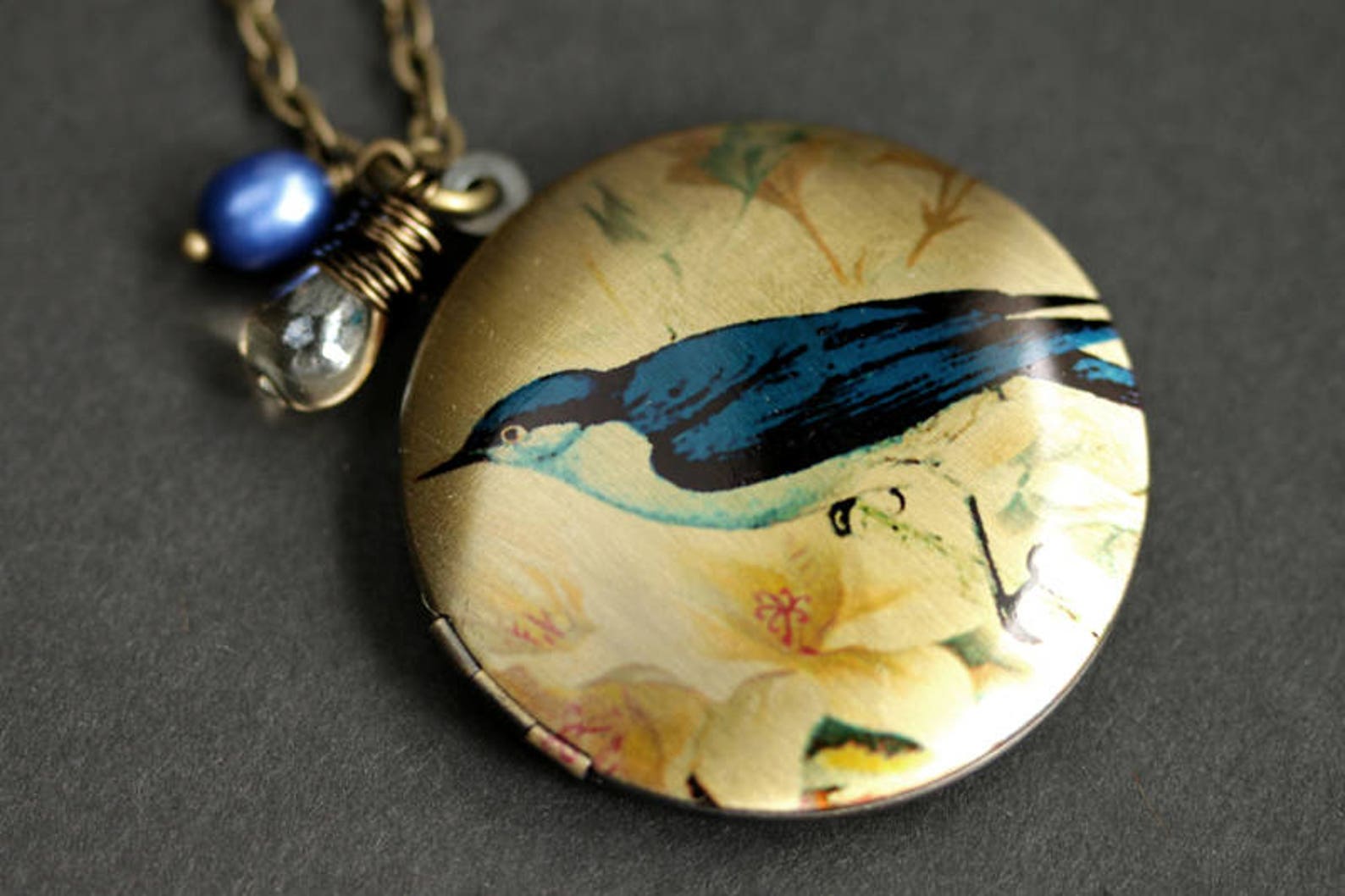 Bluejay Locket Necklace. Blue Bird Necklace With Taupe | Etsy