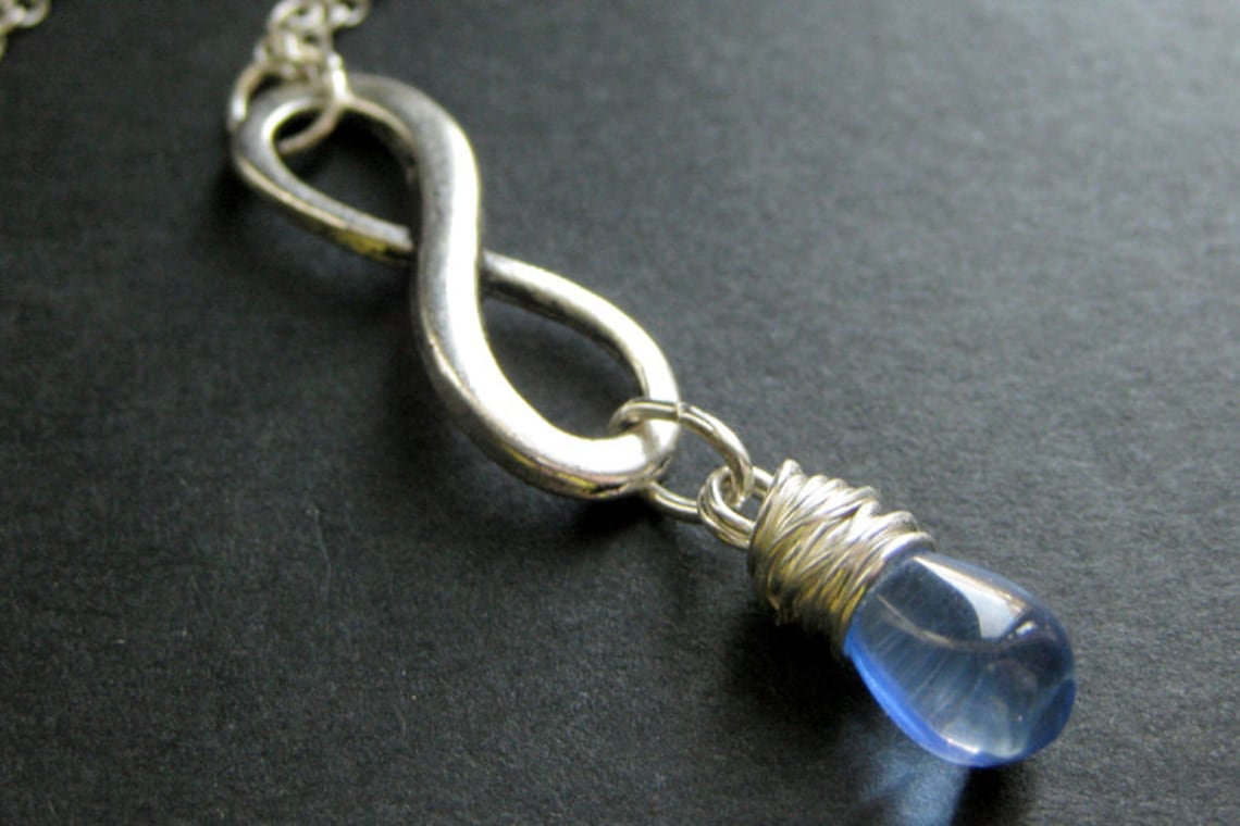 Infinity Symbol Necklace. Wire Wrapped. Teardrop Pendant Necklace. Blue ...