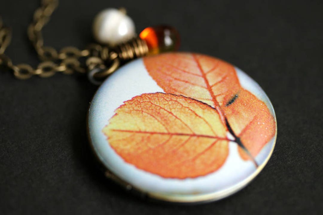 Autumn Leaf Locket Necklace. Tree Leaf Necklace With Glass Teardrop and ...