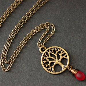 Tree Necklace. Tree of Life Necklace in Bronze Wire Wrapped Frosted Red ...