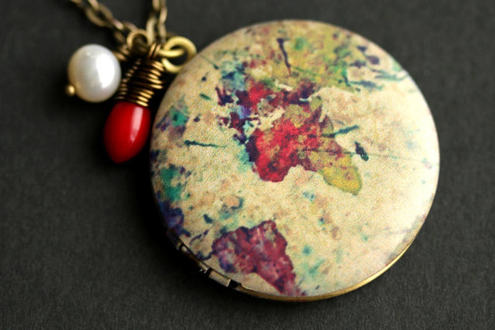 Rustic World Map Locket Necklace. Rustic Map Necklace With Red - Etsy