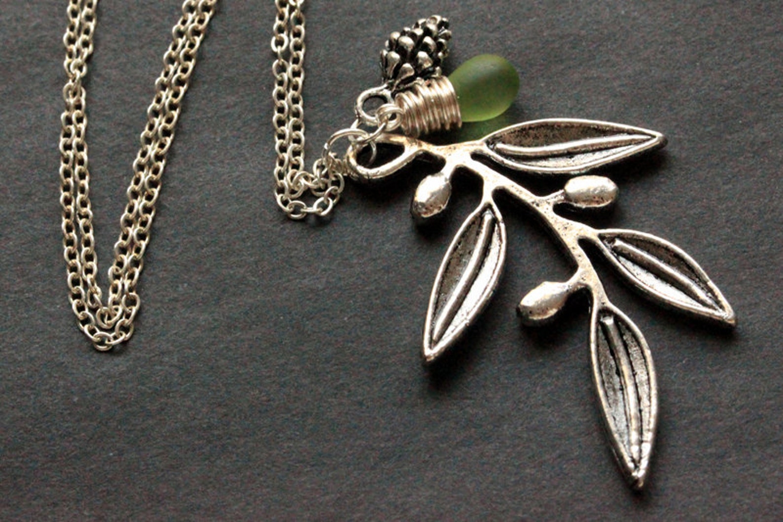 Silver Branch Necklace. Olive Branch Charm Necklace With Glass - Etsy