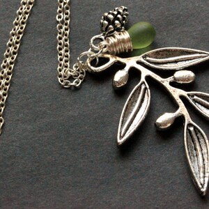 Silver Branch Necklace. Olive Branch Charm Necklace With Glass Teardrop ...