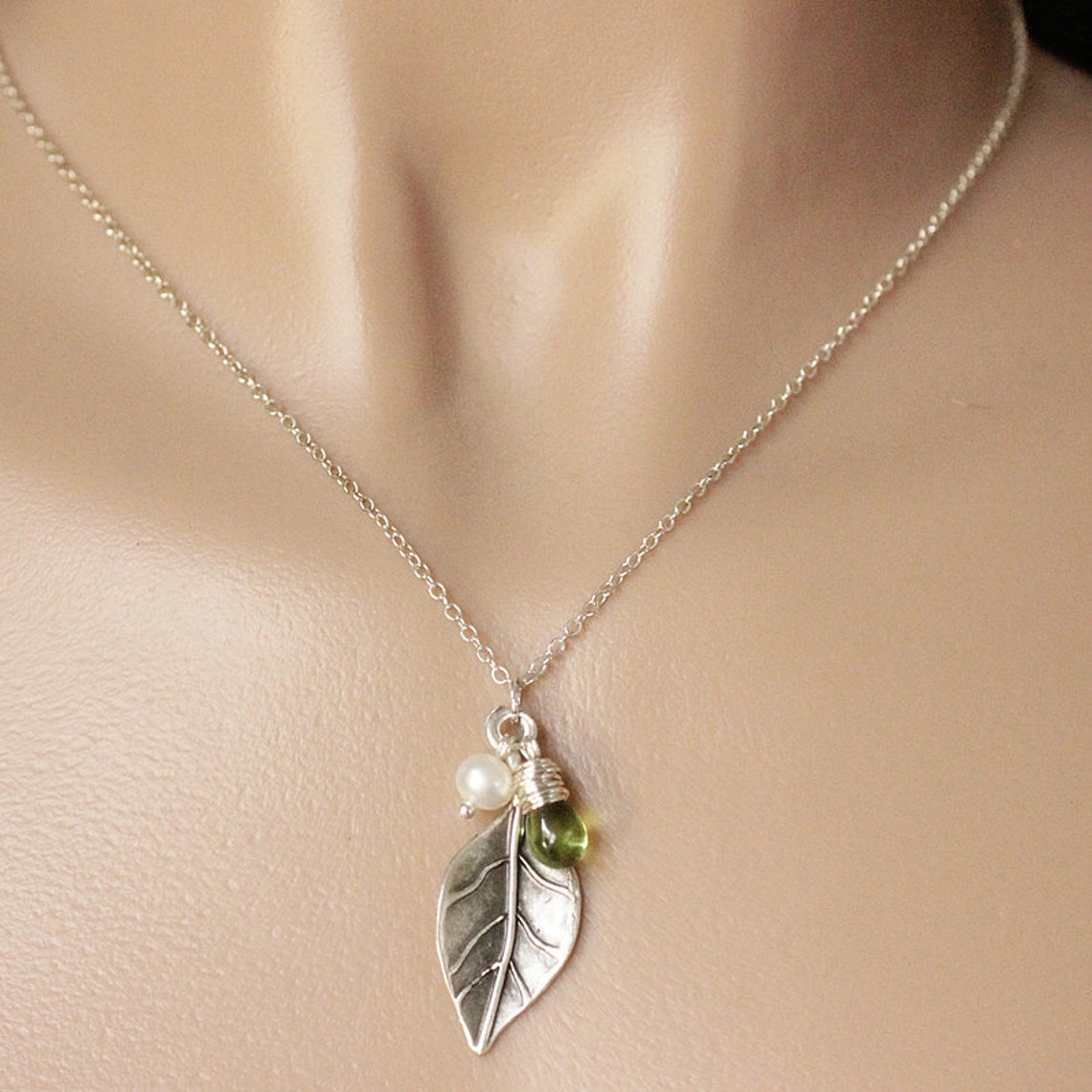 Silver Leaf Necklace. Fig Leaf Necklace. Leaf Charm Necklace With Glass ...