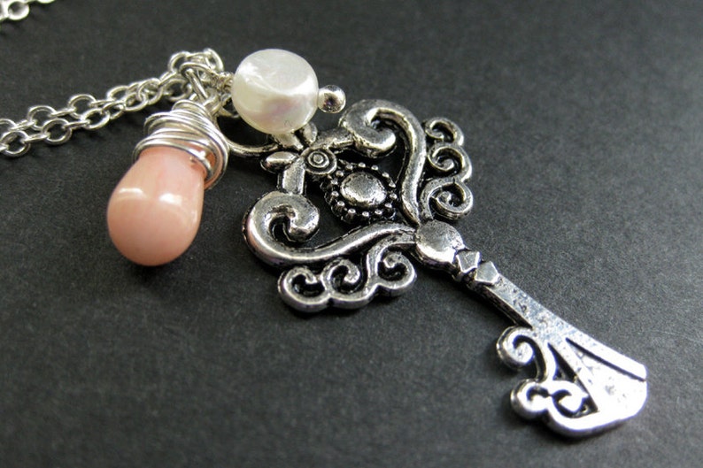 Filigree Key Necklace. Charm Necklace in Silver With Pink Coral ...