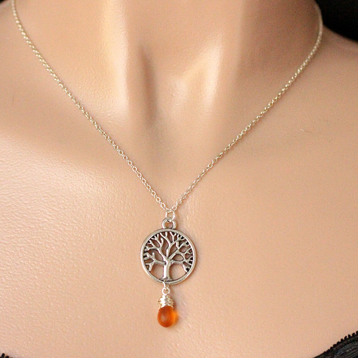 Tree Necklace. Silver Tree of Life Necklace. Wire Wrapped Frosted Honey ...