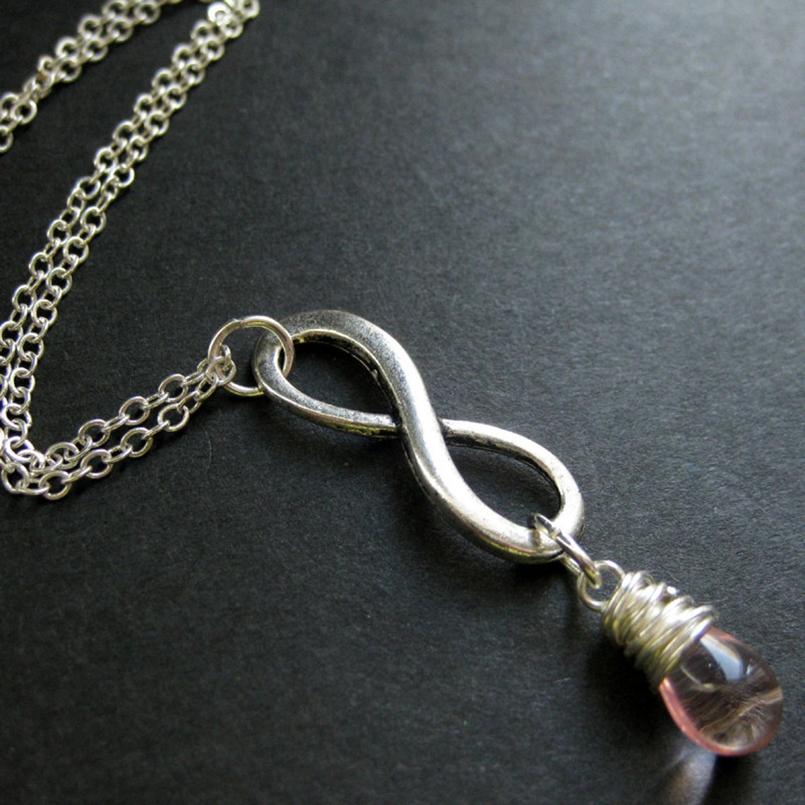 Silver Infinity Symbol Necklace. Teardrop Necklace. Pink Necklace. Wire ...