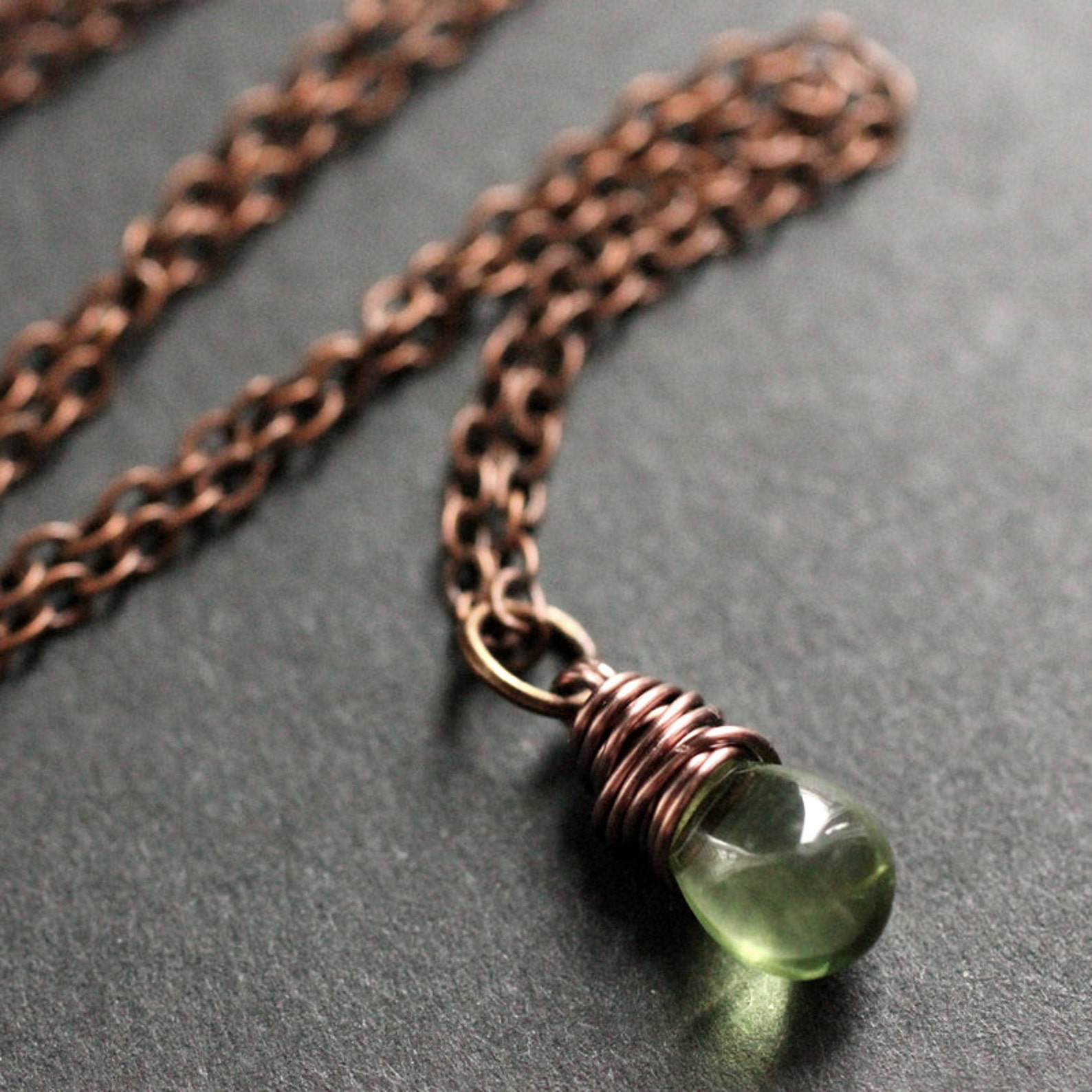 Green Necklace. Wire Wrapped Copper Teardrop Necklace. Solitaire ...