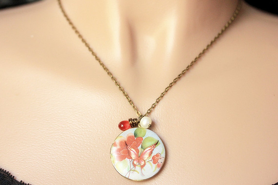 Pink Butterfly Locket Necklace. Pink and Red Butterfly - Etsy