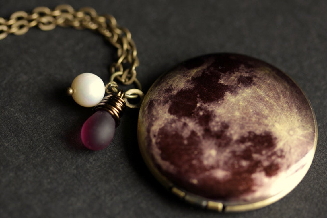 Moon Locket Necklace. Moon Necklace With Frosted Purple - Etsy