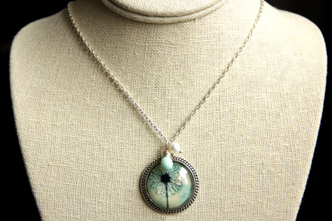 Dandelion Necklace. Dandelion Pendant With Fresh Water Pearl and Mint ...