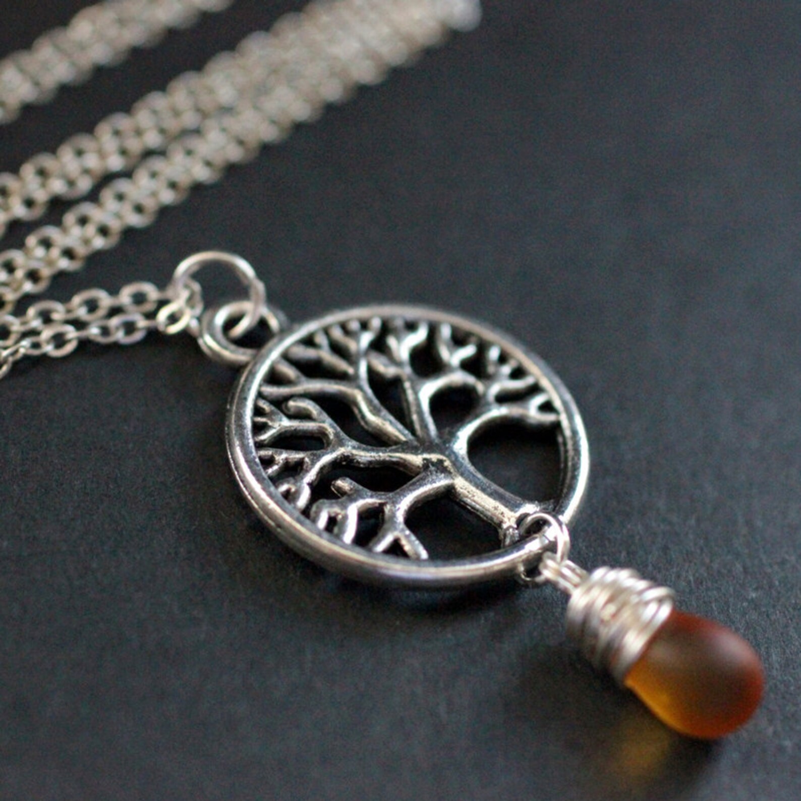 Tree Necklace. Silver Tree of Life Necklace. Wire Wrapped Frosted Honey ...