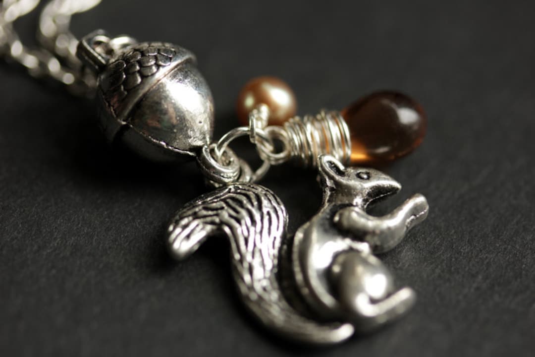Squirrel Necklace. Silver Squirrel and Acorn Charm Necklace With Glass ...