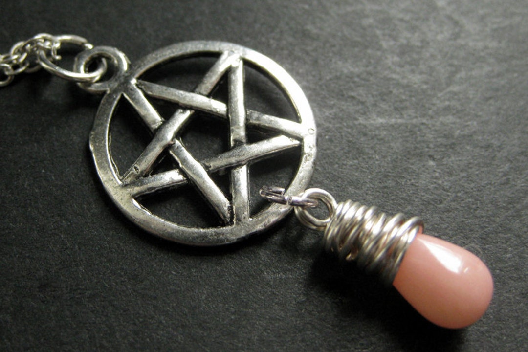 Wiccan Necklace. Pink Coral Necklace. Teardrop Necklace. Silver ...