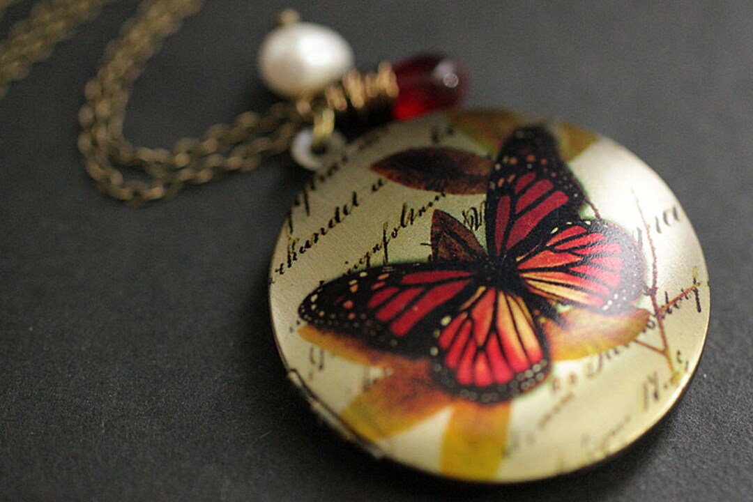 Red Butterfly Necklace. Butterfly Locket Necklace With Red Teardrop and ...