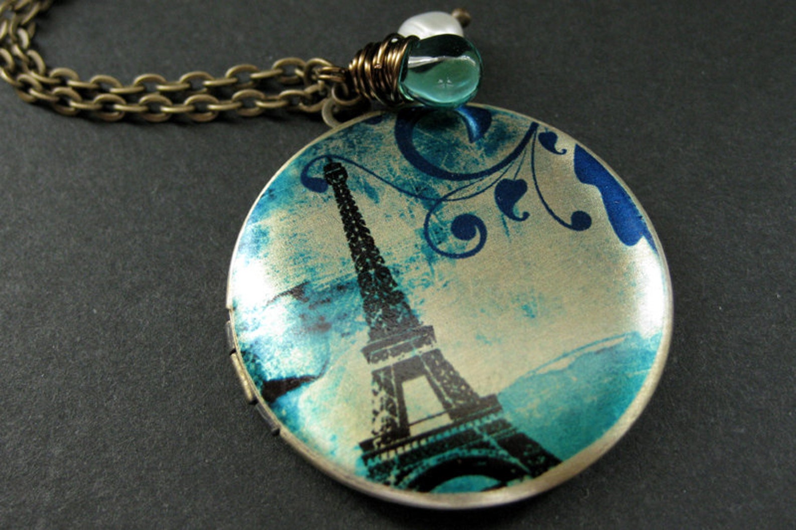 Locket Necklace. Eiffel Tower Locket With Fresh Water Pearl and Aqua ...