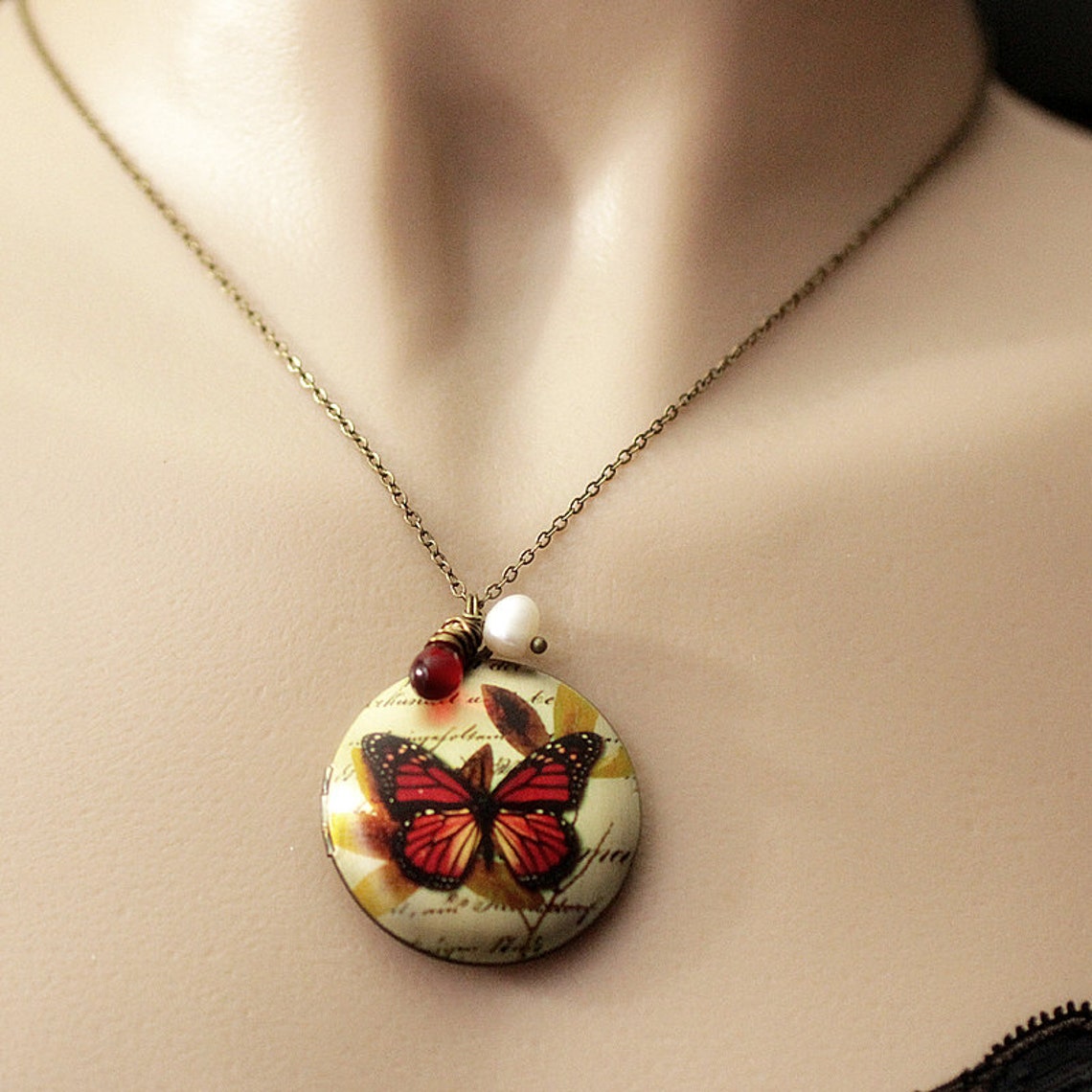 Red Butterfly Necklace. Butterfly Locket Necklace With Red Teardrop and ...