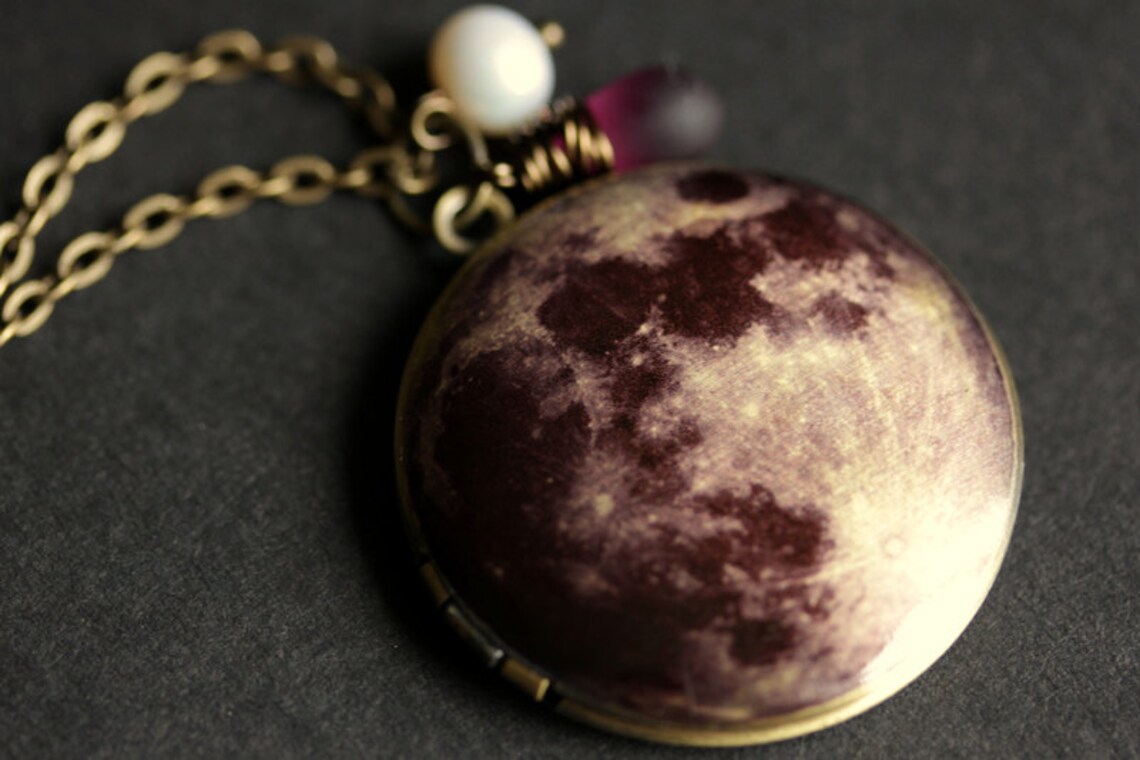 Moon Locket Necklace. Moon Necklace With Frosted Purple - Etsy