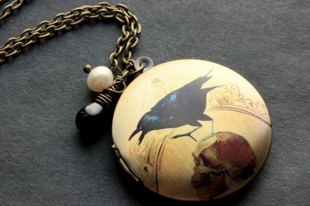 Gothic Raven Locket Necklace. Raven Charm Necklace With Black Teardrop ...