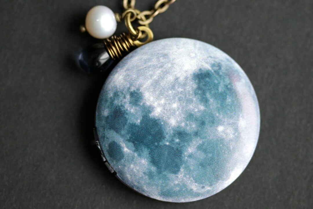 Moon Locket Necklace. Blue Moon Necklace With Blue Teardrop and Fresh ...