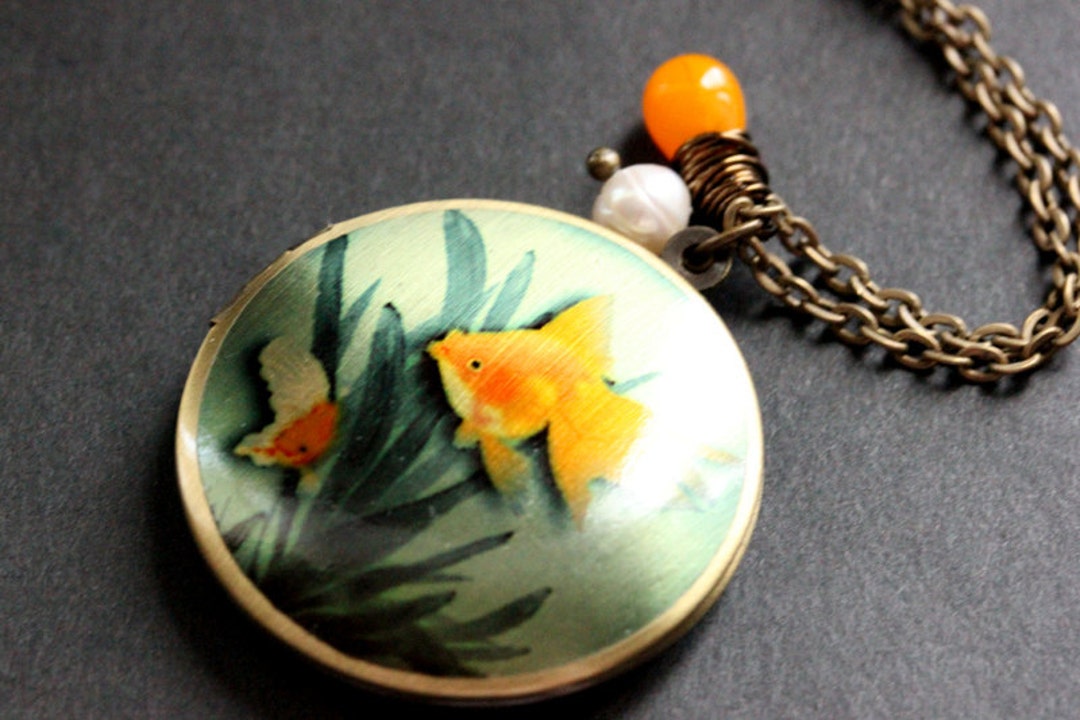 Tropical Fish Necklace. Goldfish Locket Necklace With Orange Teardrop ...