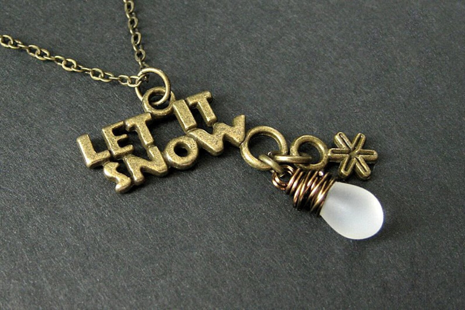 Snow Necklace With Snowflake Charm and Frosted Glass Teardrop Dangle ...