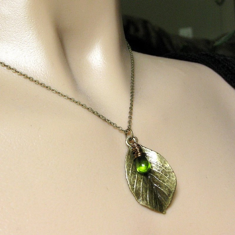 Leaf Necklace. Bronze Leaf Pendant With Wire Wrapped Green Teardrop ...