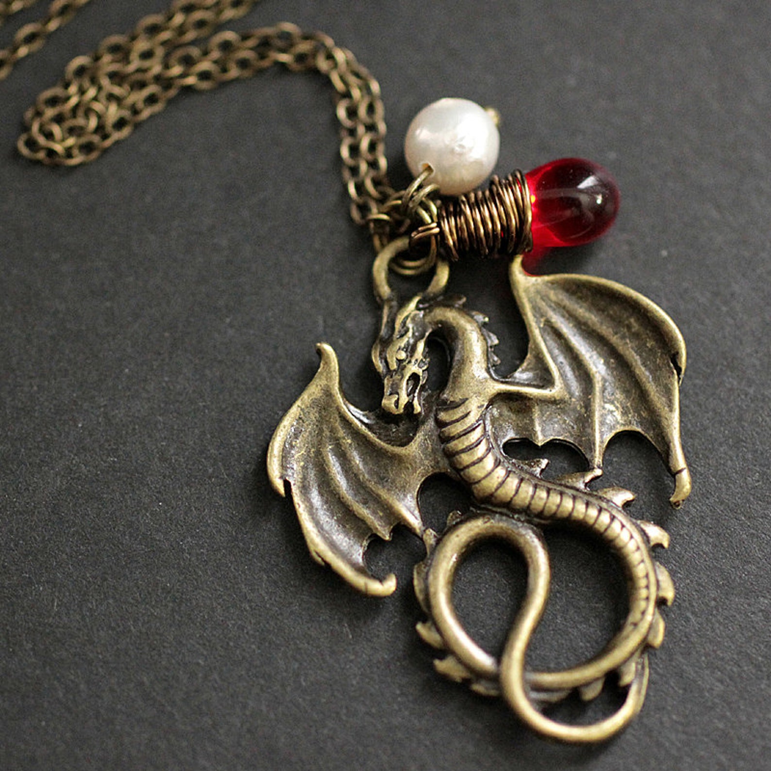 Dragon Necklace. Bronze Draco Necklace With Red Teardrop and Fresh ...