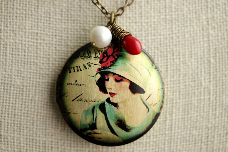 1920s Woman Locket Necklace. Vintage Lady Necklace With Red Coral ...