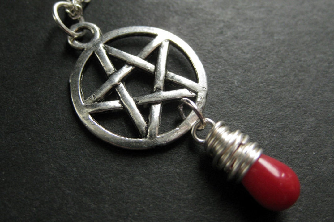 Pagan Necklace. Red Coral Necklace. Teardrop Necklace. Silver Pentagram ...