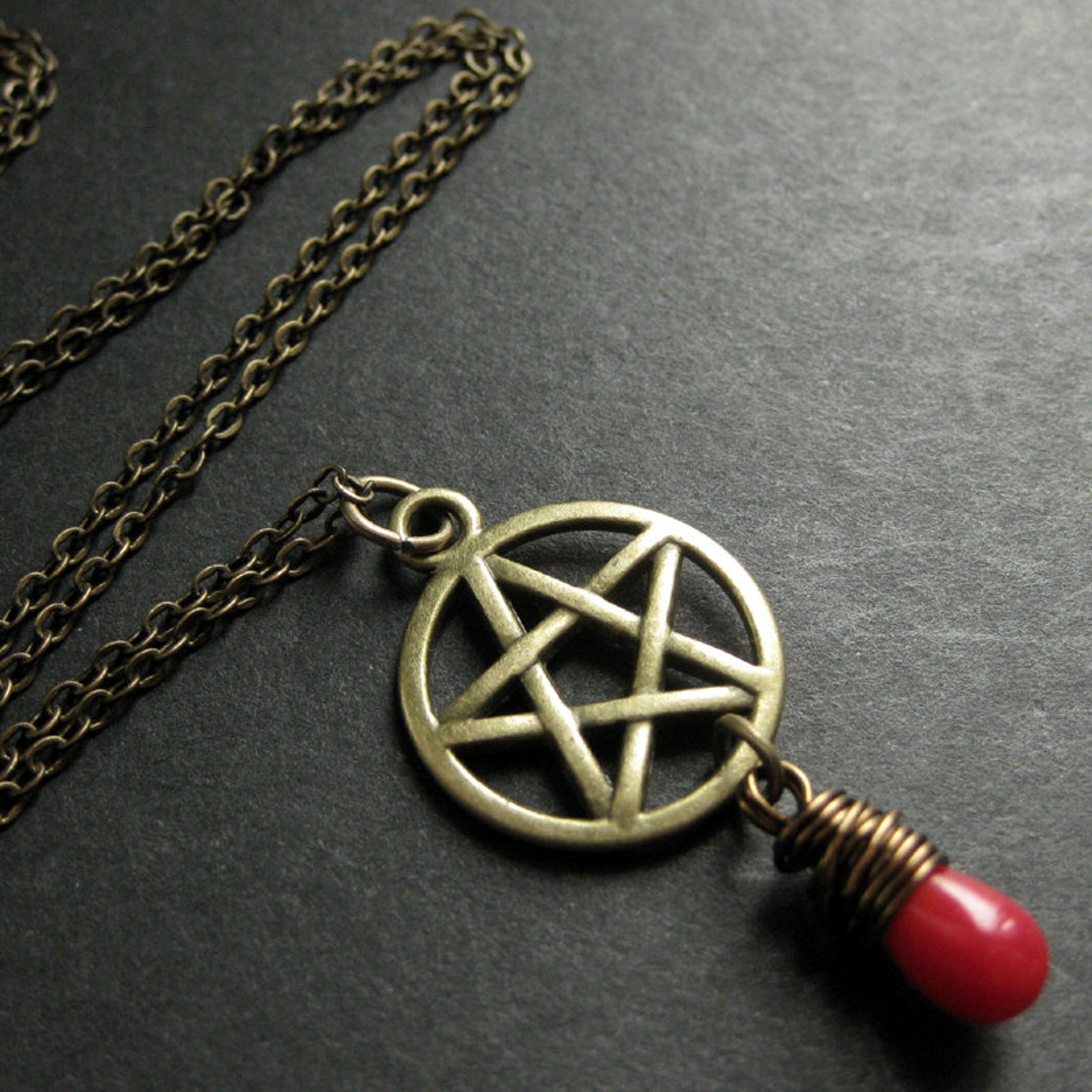 Red Coral Necklace. Pentagram Necklace in Bronze. Pagan Necklace ...