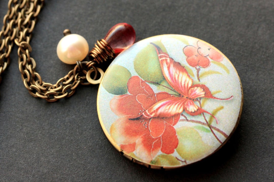 Pink Butterfly Locket Necklace. Pink and Red Butterfly Necklace With ...