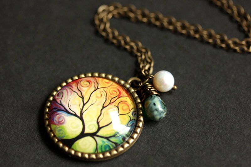 Rainbow Tree Necklace. Bronze Tree Pendant. Handmade Necklace With Teal ...