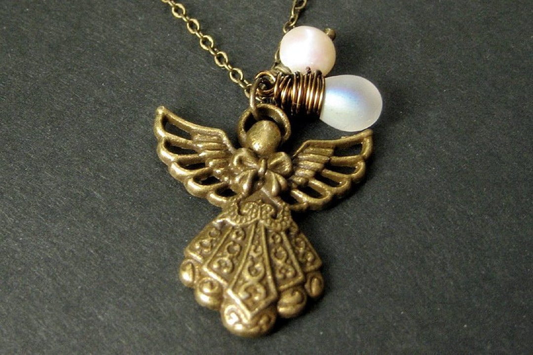 Angel Necklace. Bronze Angel Pendant With Iridescent Frosted Teardrop ...