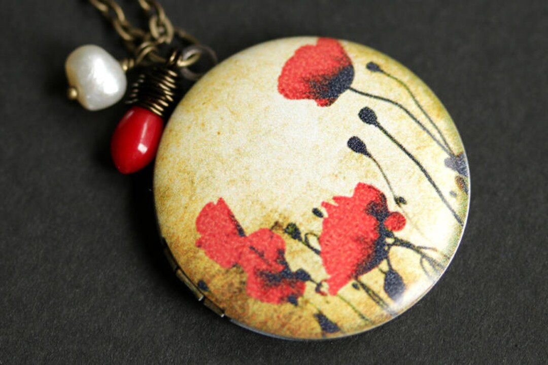 Field of Poppies Locket Necklace. Red Poppy Necklace With Red Coral ...