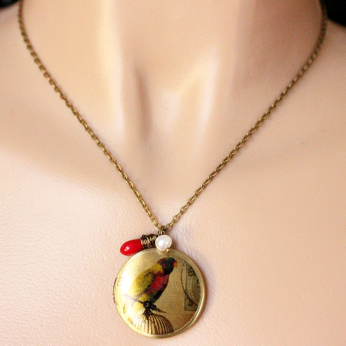 Parrot Necklace. Bird Locket Necklace. Bird Necklace With Red - Etsy UK