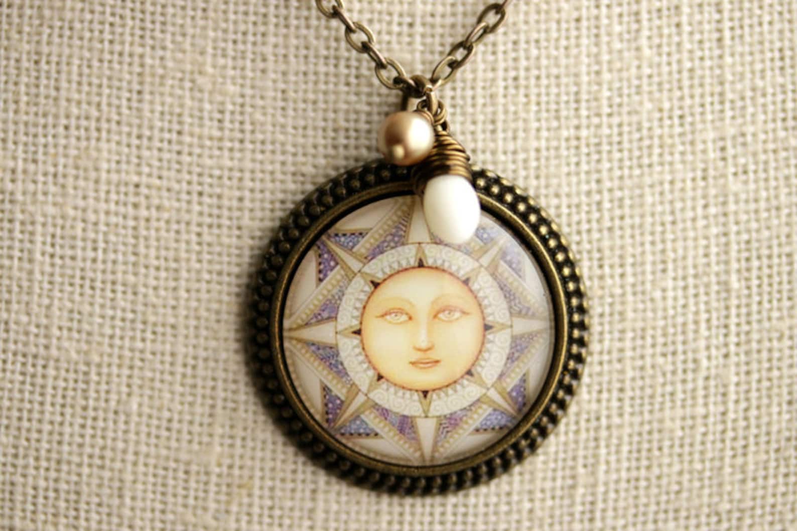 Art Deco Sun Necklace. Yellow Sun Pendant With White Coral Teardrop and ...