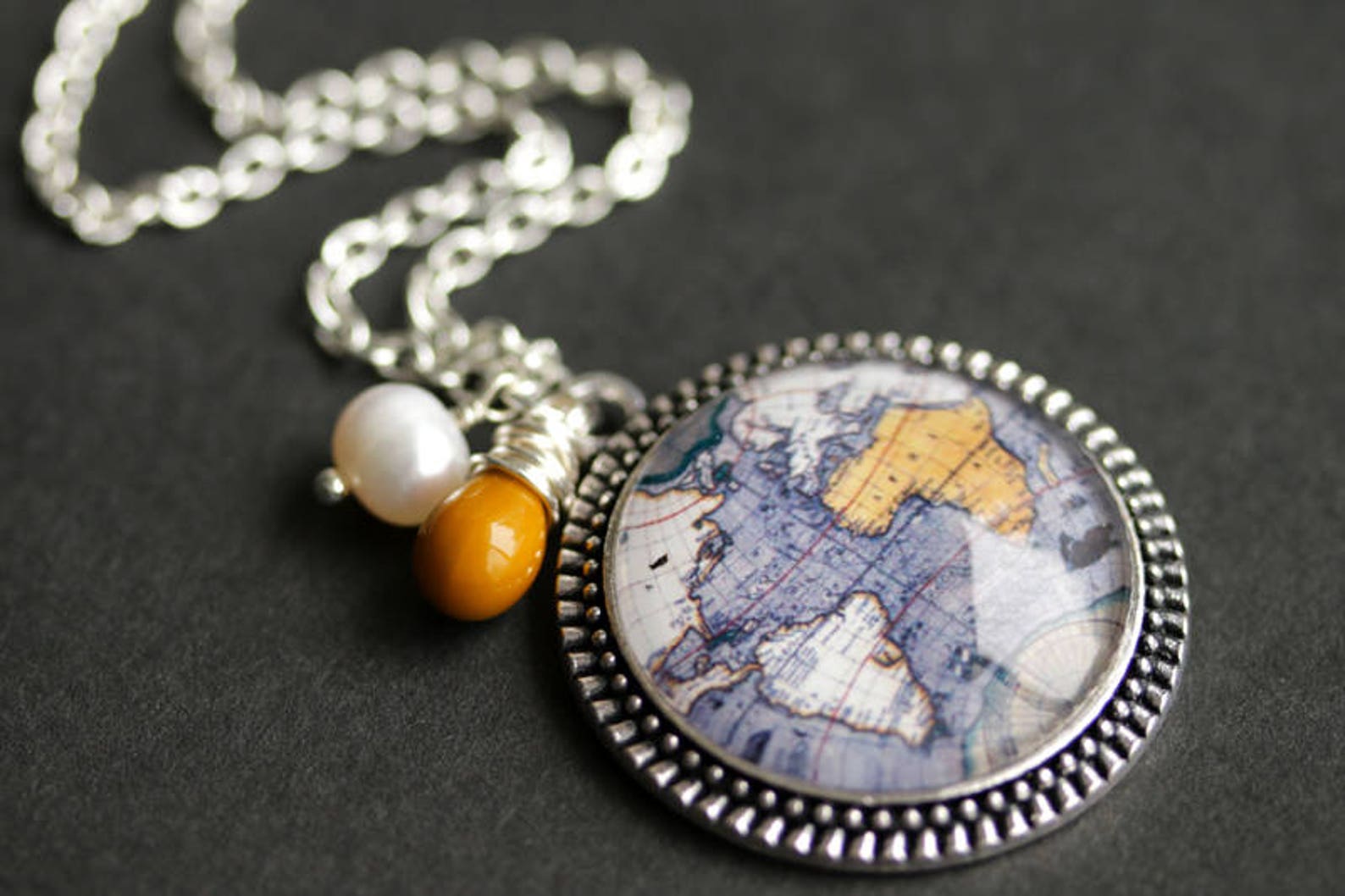 World Map Necklace. Planet Earth Map Pendant With Fresh Water Pearl ...